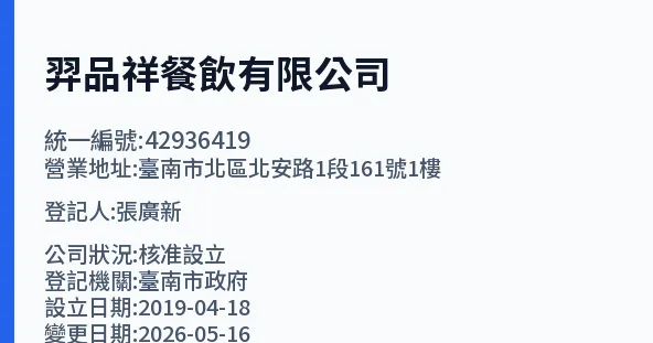 羿品祥餐飲有限公司的照片-統編 42936419(臺南市) 公司登記資料與營業項目詳細圖表