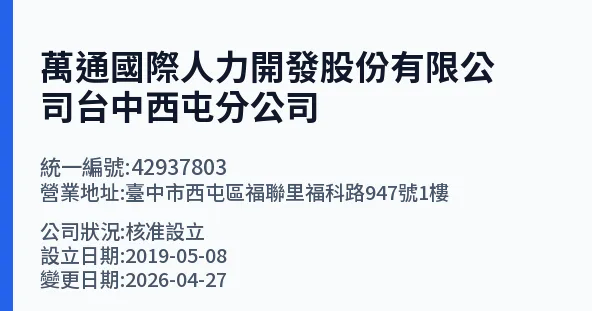 萬通國際人力開發股份有限公司台中西屯分公司的照片-統編 42937803(臺中市) 公司登記資料與營業項目詳細圖表