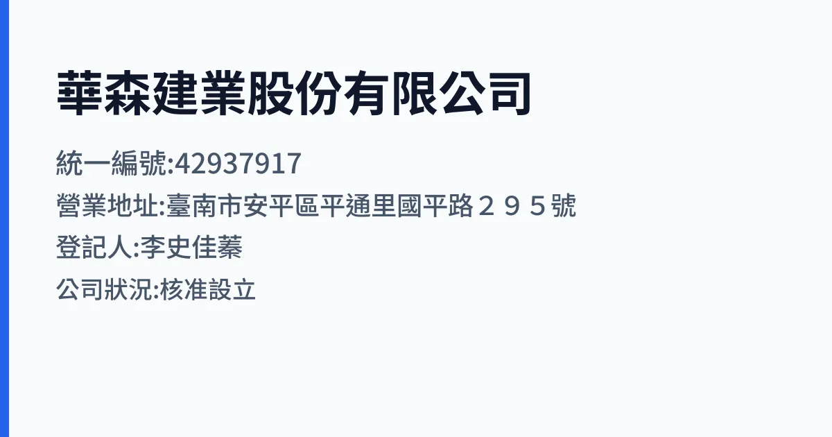 華森建業股份有限公司 - 統編 42937917(臺南市) 公司登記資料與營業項目詳細圖表