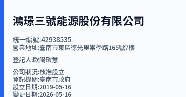 鴻璟三號能源股份有限公司的照片-統編 42938535(臺南市) 公司登記資料與營業項目詳細圖表
