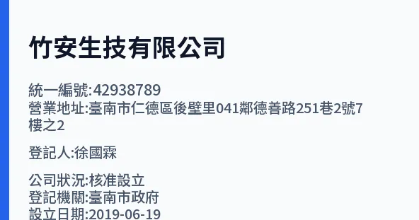 竹安生技有限公司的照片-統編 42938789(臺南市) 公司登記資料與營業項目詳細圖表