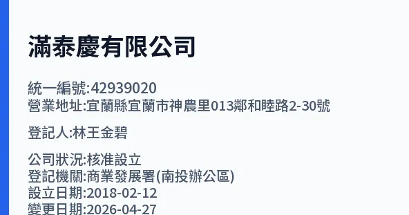 滿泰慶有限公司的照片-統編 42939020(宜蘭縣) 公司登記資料與營業項目詳細圖表