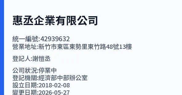 惠丞企業有限公司的照片-統編 42939632(新竹市) 公司登記資料與營業項目詳細圖表