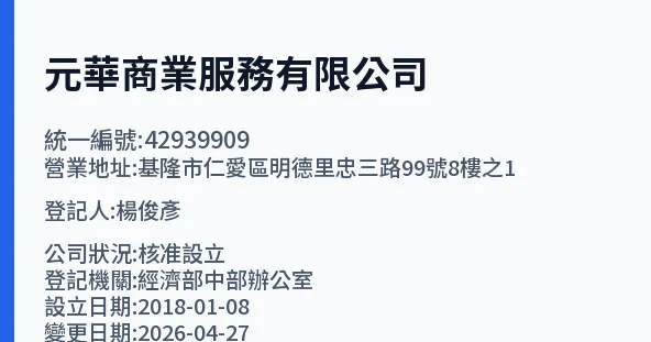 元華商業服務有限公司的照片-統編 42939909(基隆市) 公司登記資料與營業項目詳細圖表