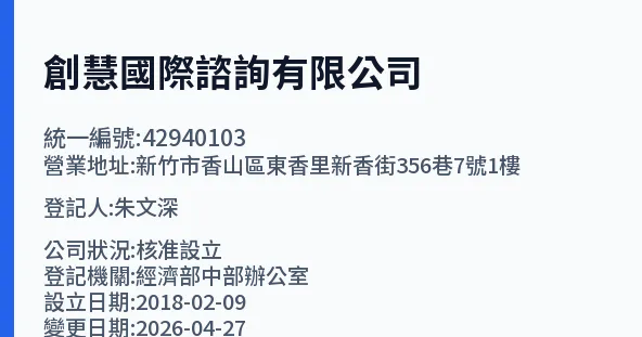 創慧國際諮詢有限公司的照片-統編 42940103(新竹市) 公司登記資料與營業項目詳細圖表