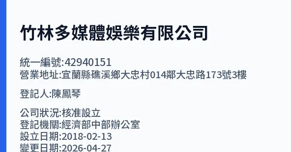竹林多媒體娛樂有限公司的照片-統編 42940151(宜蘭縣) 公司登記資料與營業項目詳細圖表