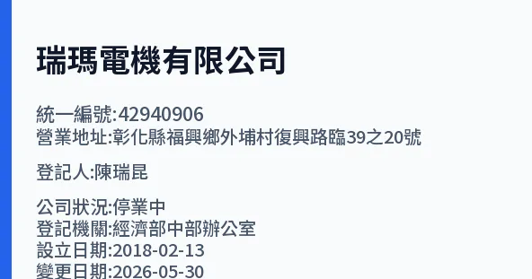 瑞瑪電機有限公司的照片-統編 42940906(彰化縣) 公司登記資料與營業項目詳細圖表