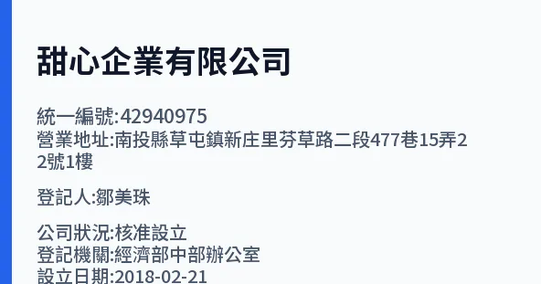 甜心企業有限公司的照片-統編 42940975(南投縣) 公司登記資料與營業項目詳細圖表