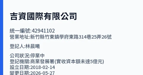 吉資國際有限公司的照片-統編 42941102(新竹縣) 公司登記資料與營業項目詳細圖表