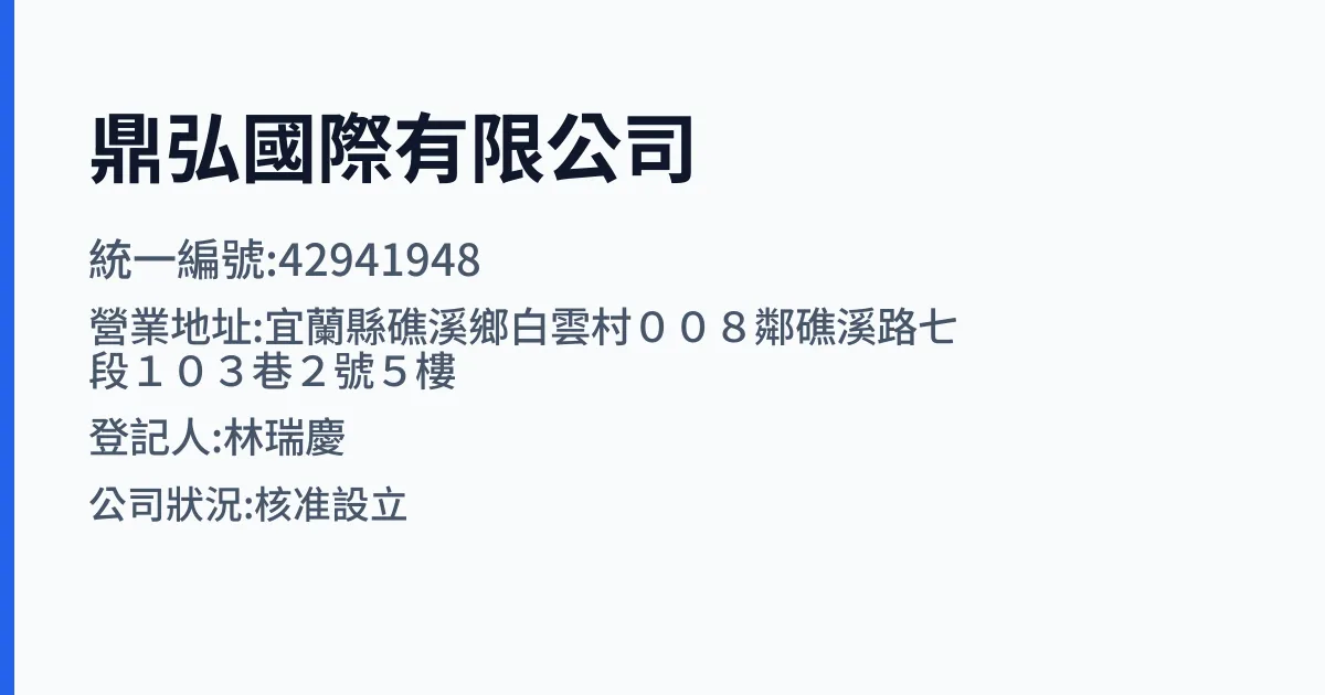 鼎弘國際有限公司 - 統編 42941948(宜蘭縣) 公司登記資料與營業項目詳細圖表