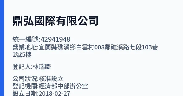 鼎弘國際有限公司的照片-統編 42941948(宜蘭縣) 公司登記資料與營業項目詳細圖表