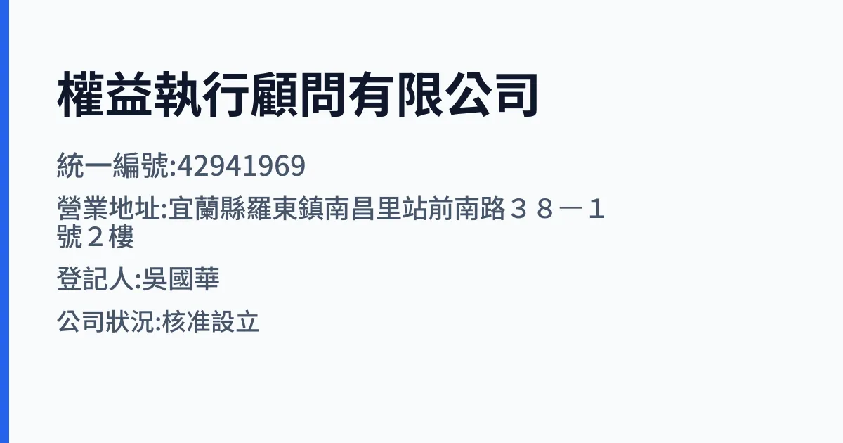 權益執行顧問有限公司 - 統編 42941969（宜蘭縣） 公司登記資料與營業項目詳細圖表
