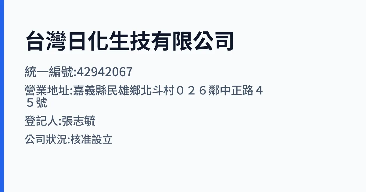 台灣日化生技有限公司 - 統編 42942067(嘉義縣) 公司登記資料與營業項目詳細圖表