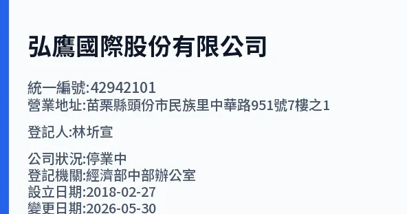 弘鷹國際股份有限公司的照片-統編 42942101(苗栗縣) 公司登記資料與營業項目詳細圖表