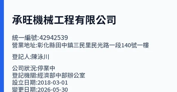 承旺機械工程有限公司的照片-統編 42942539(彰化縣) 公司登記資料與營業項目詳細圖表