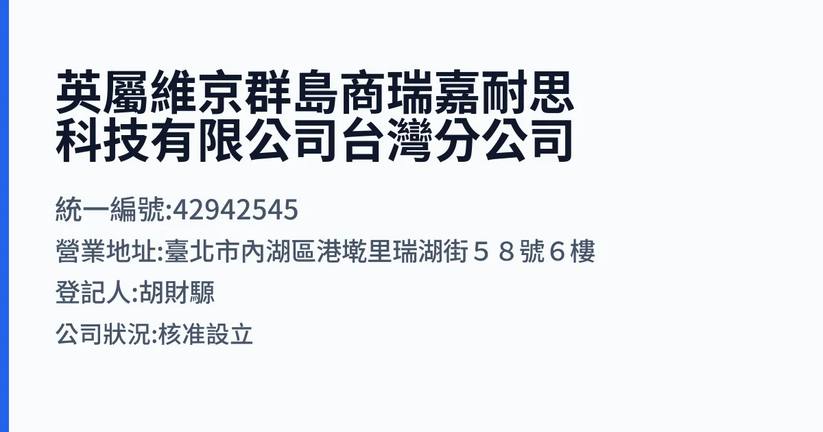 英屬維京群島商瑞嘉耐思科技有限公司台灣分公司 - 統編 42942545(臺北市) 公司登記資料與營業項目詳細圖表