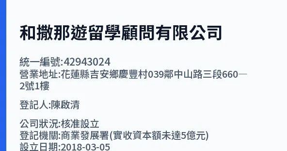 和撒那遊留學顧問有限公司的照片-統編 42943024(花蓮縣) 公司登記資料與營業項目詳細圖表