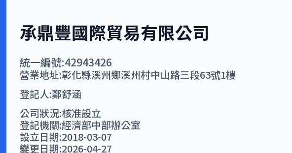 承鼎豐國際貿易有限公司的照片-統編 42943426(彰化縣) 公司登記資料與營業項目詳細圖表