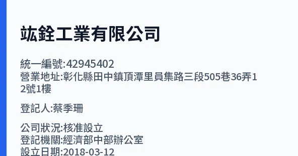 竑銓工業有限公司的照片-統編 42945402(彰化縣) 公司登記資料與營業項目詳細圖表