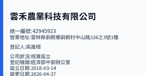 雲禾農業科技有限公司的照片-統編 42945923(雲林縣) 公司登記資料與營業項目詳細圖表