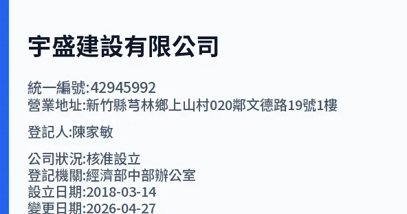 宇盛建設有限公司的照片-統編 42945992(新竹縣) 公司登記資料與營業項目詳細圖表