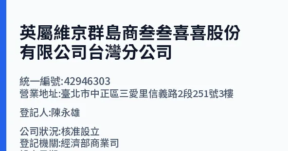 英屬維京群島商叁叁喜喜股份有限公司台灣分公司的照片-統編 42946303(臺北市) 公司登記資料與營業項目詳細圖表
