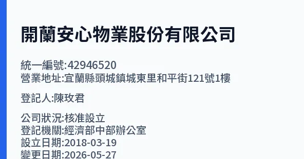 開蘭安心物業股份有限公司的照片-統編 42946520(宜蘭縣) 公司登記資料與營業項目詳細圖表