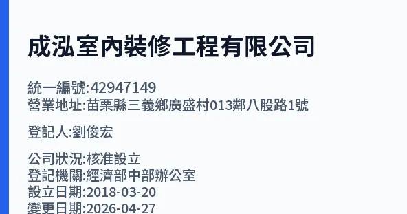 成泓室內裝修工程有限公司的照片-統編 42947149(苗栗縣) 公司登記資料與營業項目詳細圖表