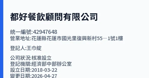 都好餐飲顧問有限公司的照片-統編 42947648(花蓮縣) 公司登記資料與營業項目詳細圖表