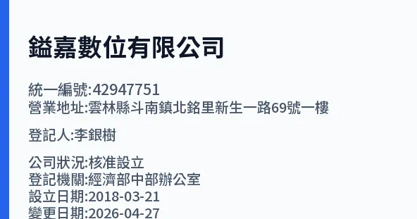 鎰嘉數位有限公司的照片-統編 42947751(雲林縣) 公司登記資料與營業項目詳細圖表