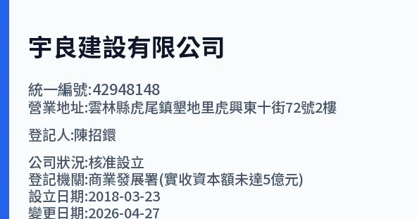 宇良建設有限公司的照片-統編 42948148(雲林縣) 公司登記資料與營業項目詳細圖表