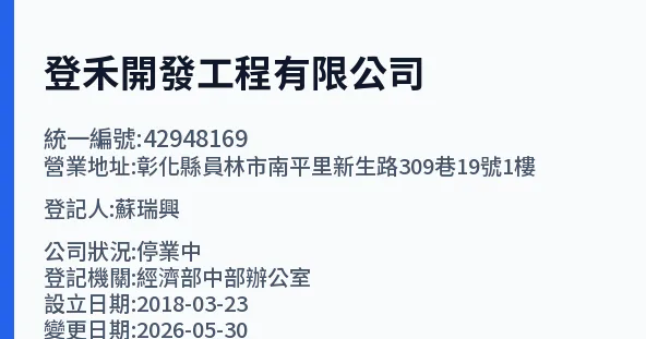 登禾開發工程有限公司的照片-統編 42948169(彰化縣) 公司登記資料與營業項目詳細圖表