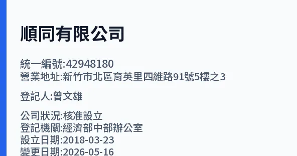 順同有限公司的照片-統編 42948180(新竹市) 公司登記資料與營業項目詳細圖表