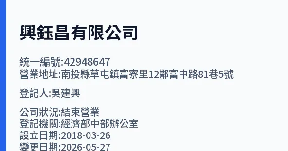 興鈺昌有限公司的照片-統編 42948647(南投縣) 公司登記資料與營業項目詳細圖表