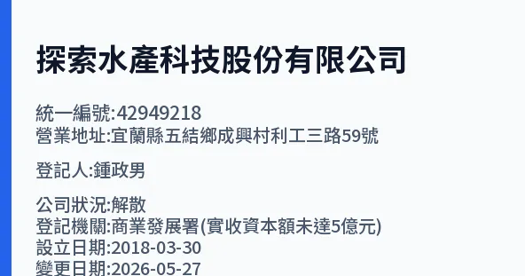 探索水產科技股份有限公司的照片-統編 42949218(宜蘭縣) 公司登記資料與營業項目詳細圖表