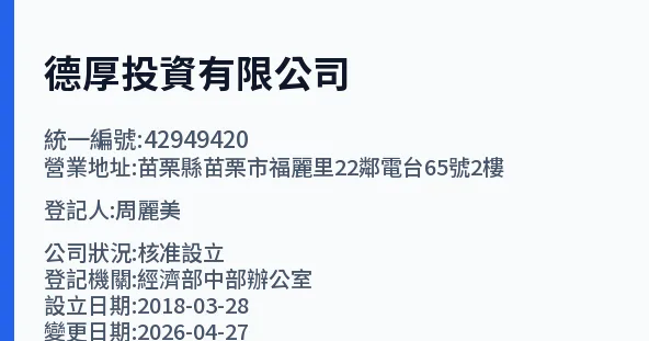 德厚投資有限公司的照片-統編 42949420(苗栗縣) 公司登記資料與營業項目詳細圖表