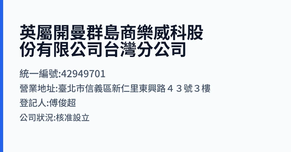 英屬開曼群島商樂威科股份有限公司台灣分公司 - 統編 42949701(臺北市) 公司登記資料與營業項目詳細圖表