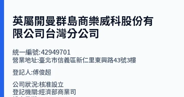 英屬開曼群島商樂威科股份有限公司台灣分公司的照片-統編 42949701(臺北市) 公司登記資料與營業項目詳細圖表