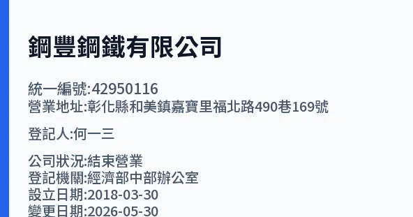 鋼豐鋼鐵有限公司的照片-統編 42950116(彰化縣) 公司登記資料與營業項目詳細圖表