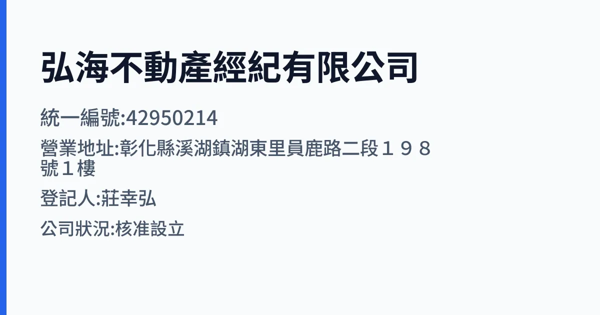 弘海不動產經紀有限公司 - 統編 42950214(彰化縣) 公司登記資料與營業項目詳細圖表
