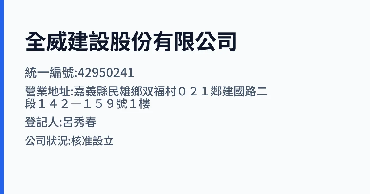 全威建設股份有限公司 - 統編 42950241(嘉義縣) 公司登記資料與營業項目詳細圖表