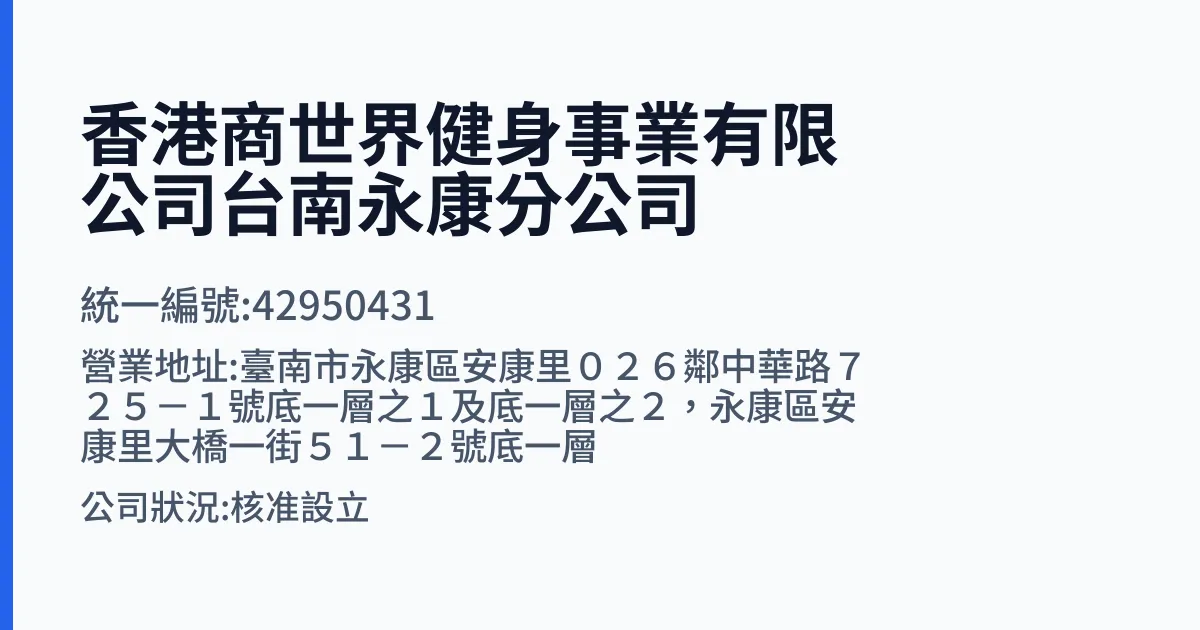 香港商世界健身事業有限公司台南永康分公司 - 統編 42950431(臺南市) 公司登記資料與營業項目詳細圖表
