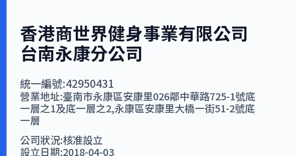 香港商世界健身事業有限公司台南永康分公司的照片-統編 42950431(臺南市) 公司登記資料與營業項目詳細圖表
