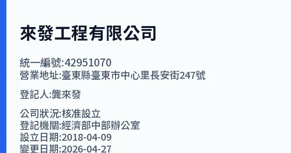 來發工程有限公司的照片-統編 42951070(臺東縣) 公司登記資料與營業項目詳細圖表