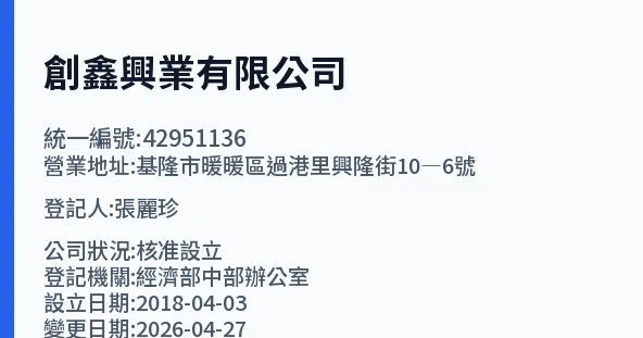 創鑫興業有限公司的照片-統編 42951136(基隆市) 公司登記資料與營業項目詳細圖表