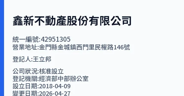 鑫新不動產股份有限公司的照片-統編 42951305(金門縣) 公司登記資料與營業項目詳細圖表