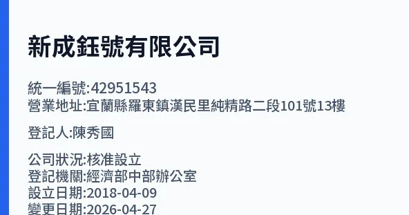新成鈺號有限公司的照片-統編 42951543(宜蘭縣) 公司登記資料與營業項目詳細圖表