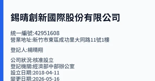 錫晴創新國際股份有限公司的照片-統編 42951608(新竹市) 公司登記資料與營業項目詳細圖表