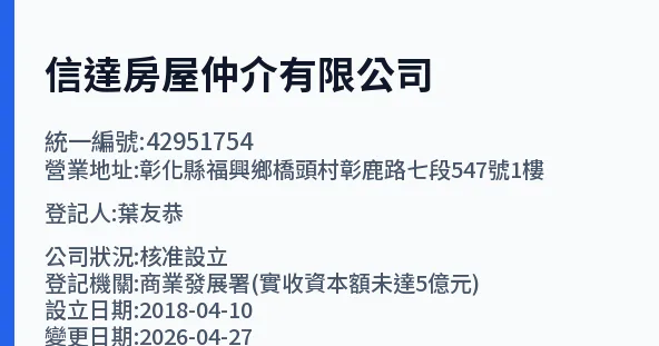 信達房屋仲介有限公司的照片-統編 42951754(彰化縣) 公司登記資料與營業項目詳細圖表