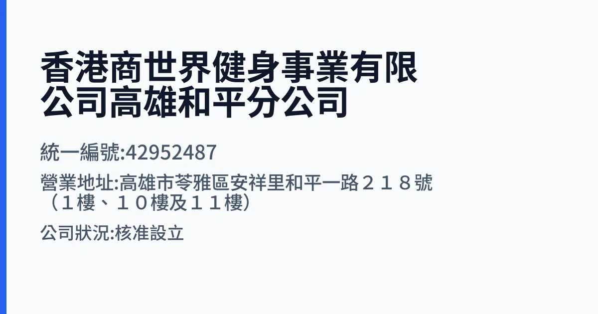 香港商世界健身事業有限公司高雄和平分公司 - 統編 42952487(高雄市) 公司登記資料與營業項目詳細圖表